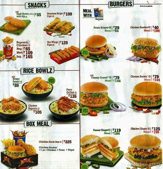 Kfc veg menu store