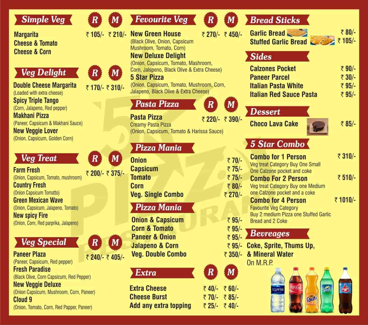 Five star pizza menu store