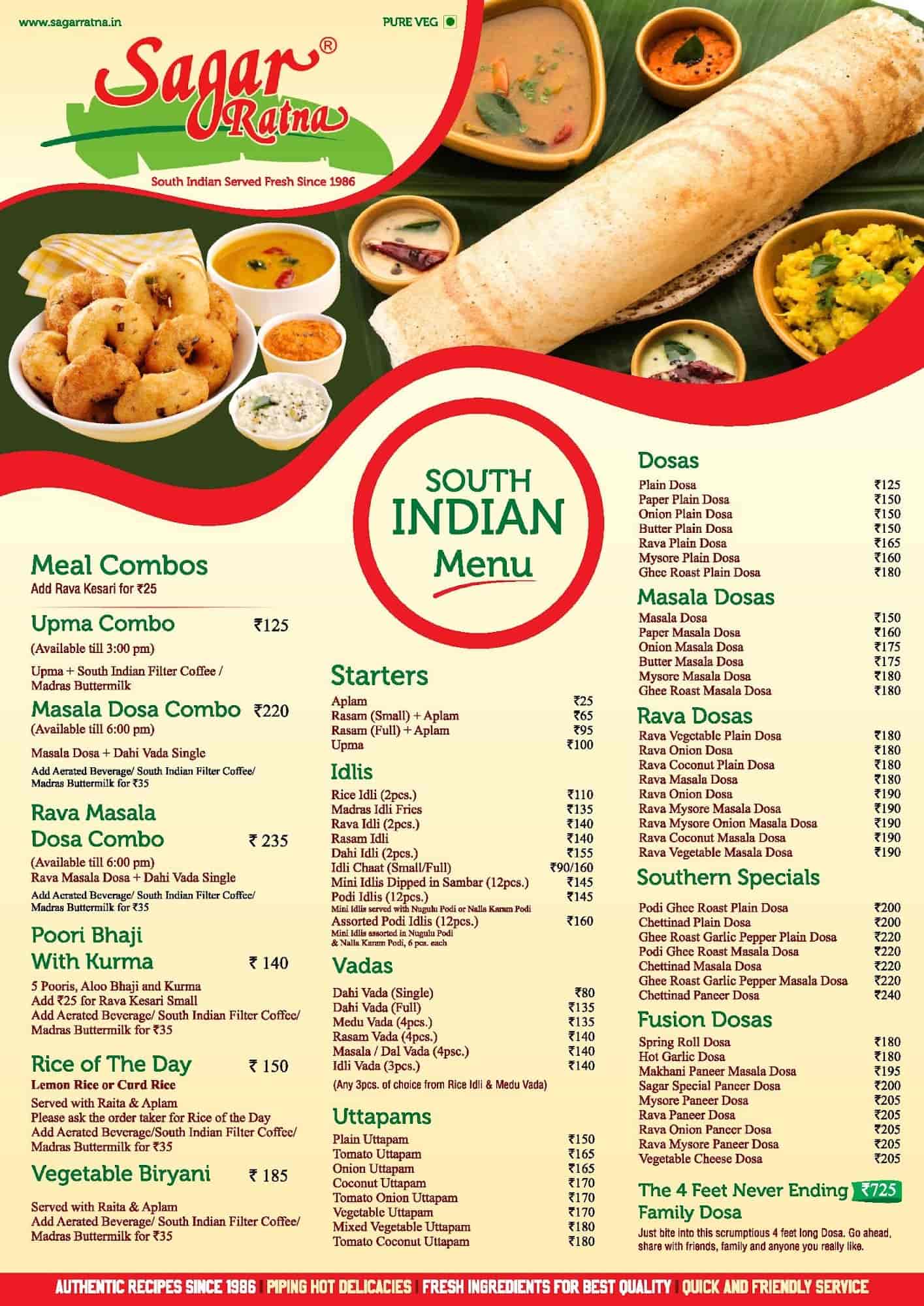 Sagar ratna menu store